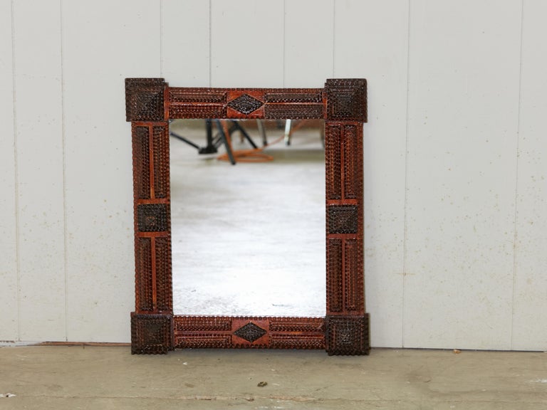 French Turn of the Century Tramp Art Mirror with Raised Pyramidal ...