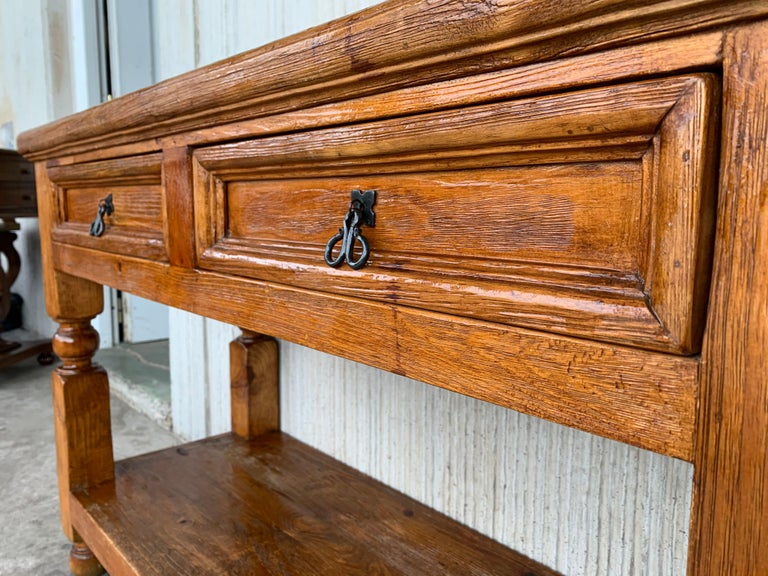 French Two-Drawer Console Table in Antique Pine with Low Shelve at 1stDibs