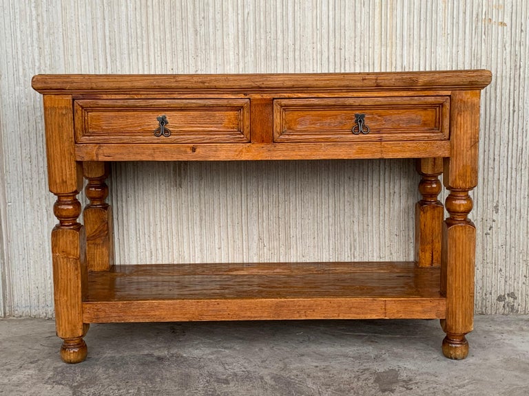 French Two-Drawer Console Table in Antique Pine with Low Shelve at 1stDibs