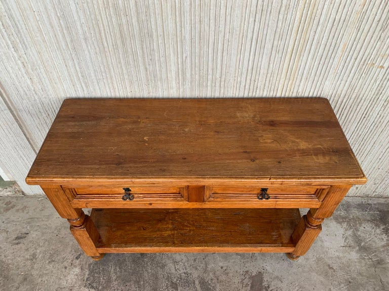 French Two-Drawer Console Table in Antique Pine with Low Shelve at 1stDibs
