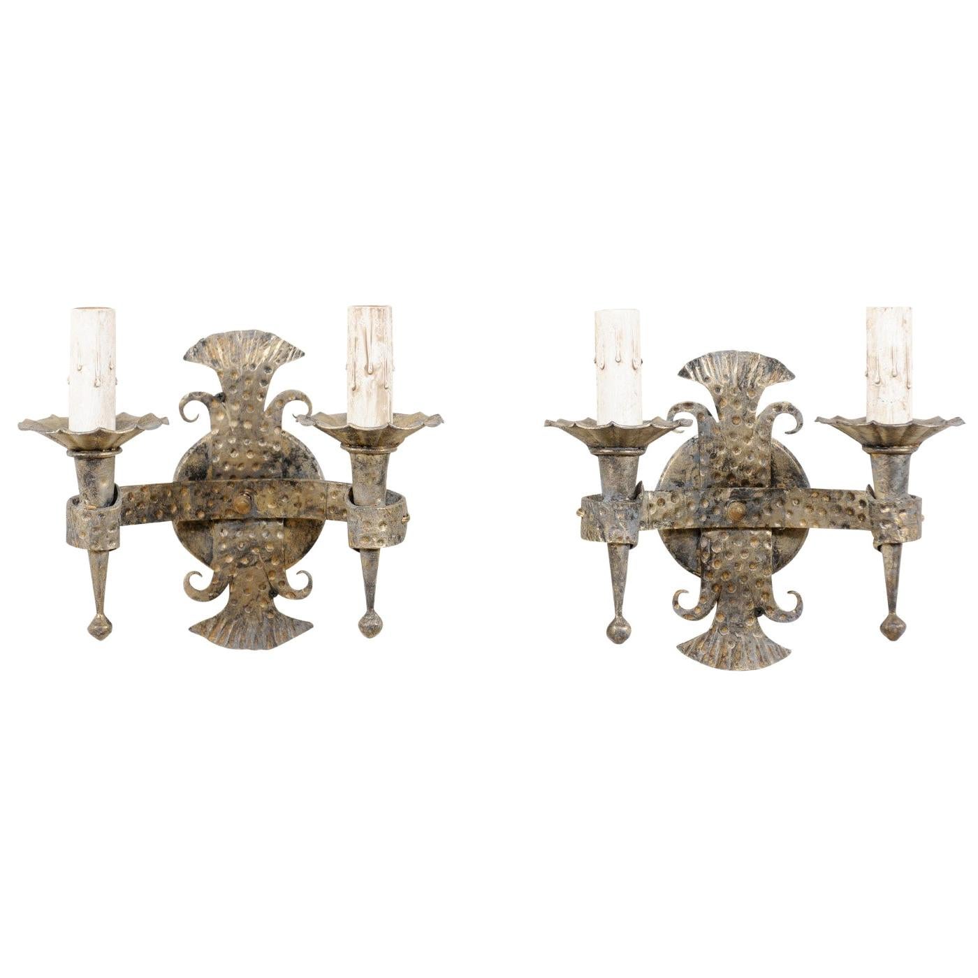 French Two-Light Iron Sconces with Hammered Texture Finish, Mid-20th ...