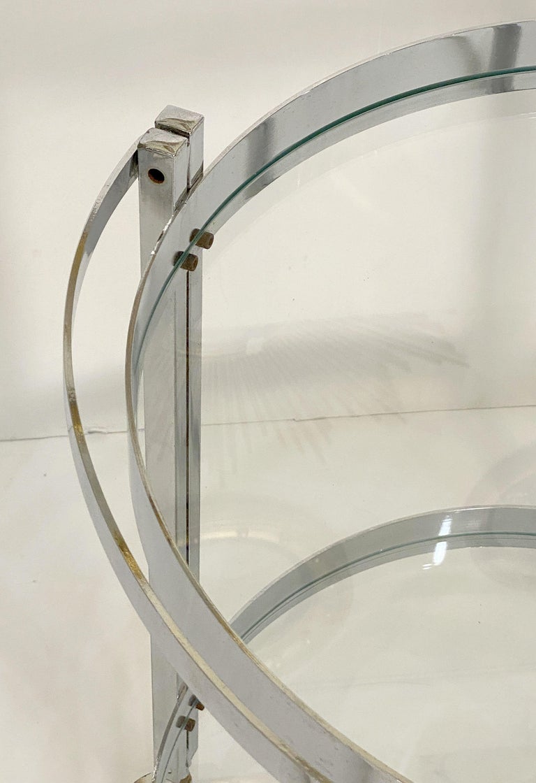 French Two-Tiered Round Drinks Table of Chrome and Glass on Rolling ...
