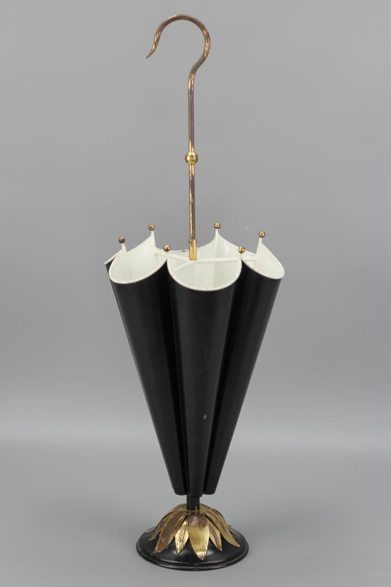 French Umbrella-Shaped Black and White Metal and Brass Umbrella Stand ...