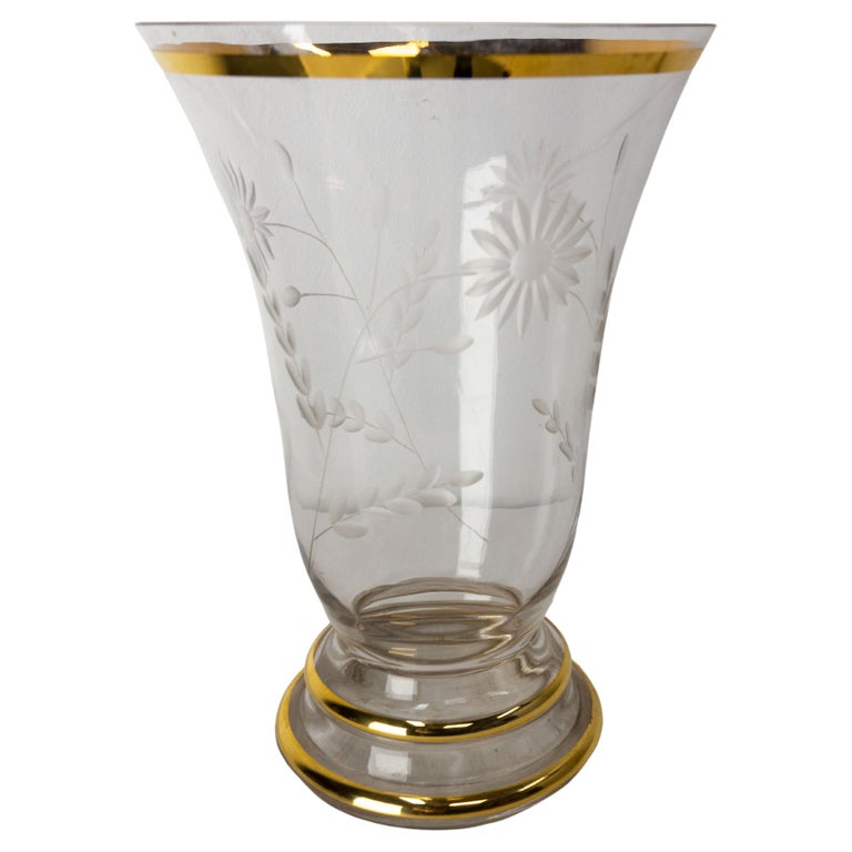 French Vase Glass Golden Neck and Base, Flowers Engraved, circa 1960 ...
