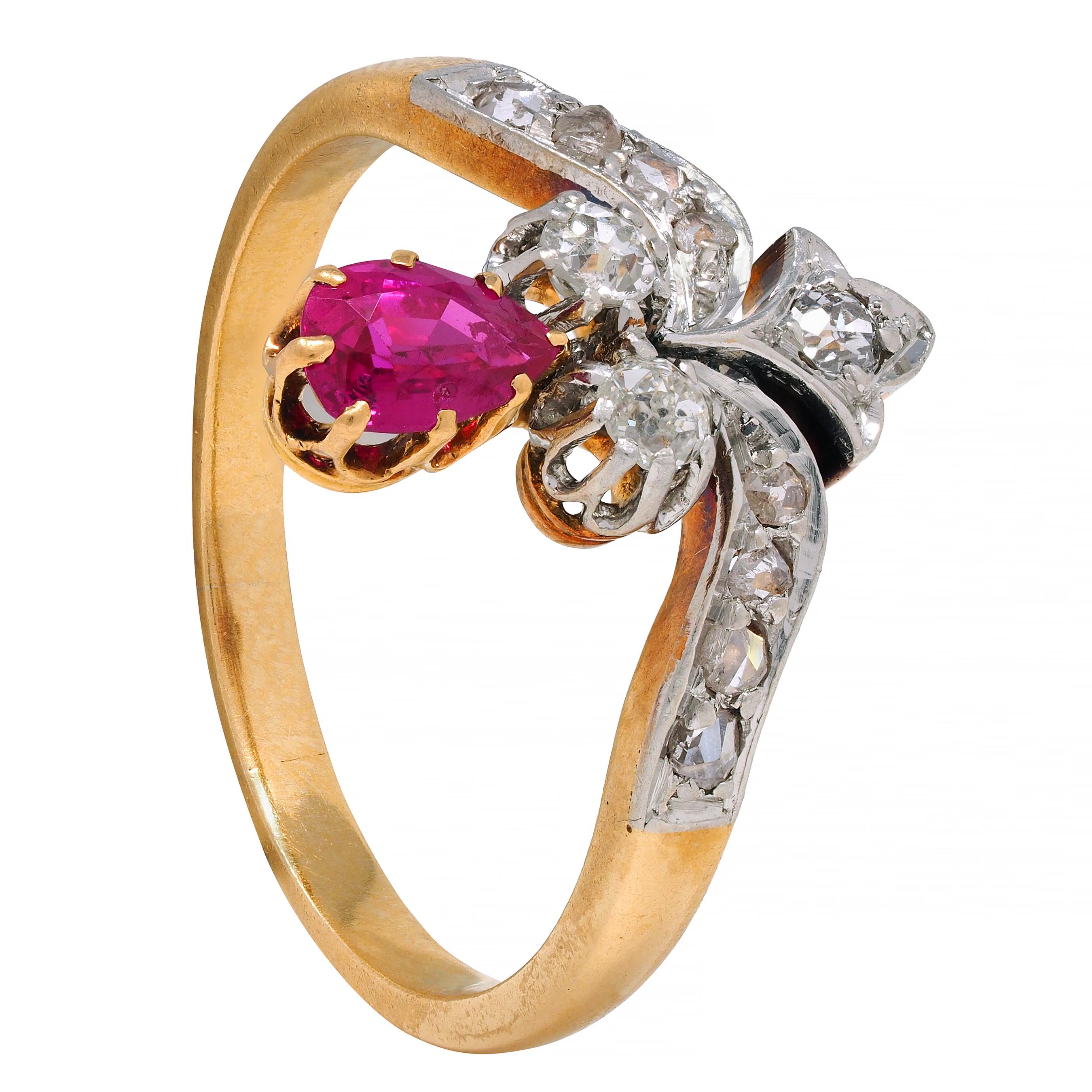 French Victorian 0.65 Ruby Diamond Platinum 18 Karat Gold Fleur-De-Lis Ring For Sale at 1stDibs