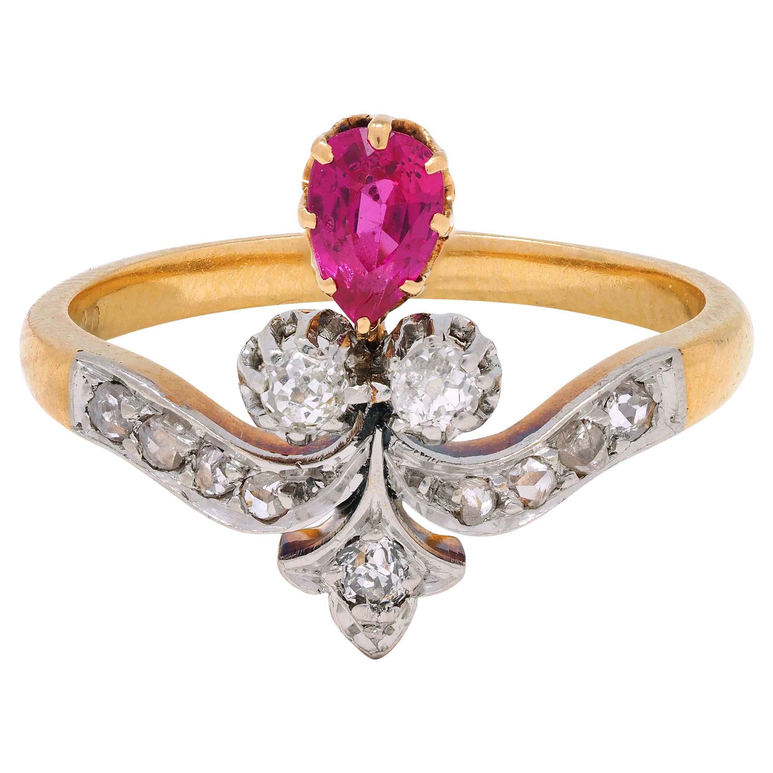 French Victorian 0.65 Ruby Diamond Platinum 18 Karat Gold Fleur-De-Lis Ring For Sale at 1stDibs