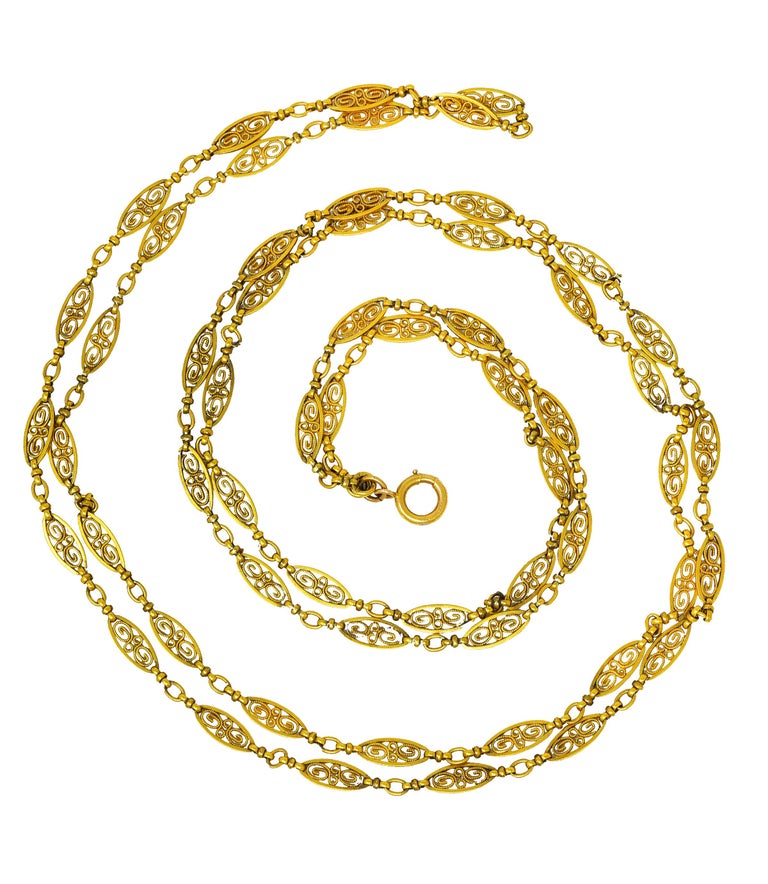 French Victorian 18 Karat Yellow Gold Filigree Navette 60 1/2 Inch Long ...
