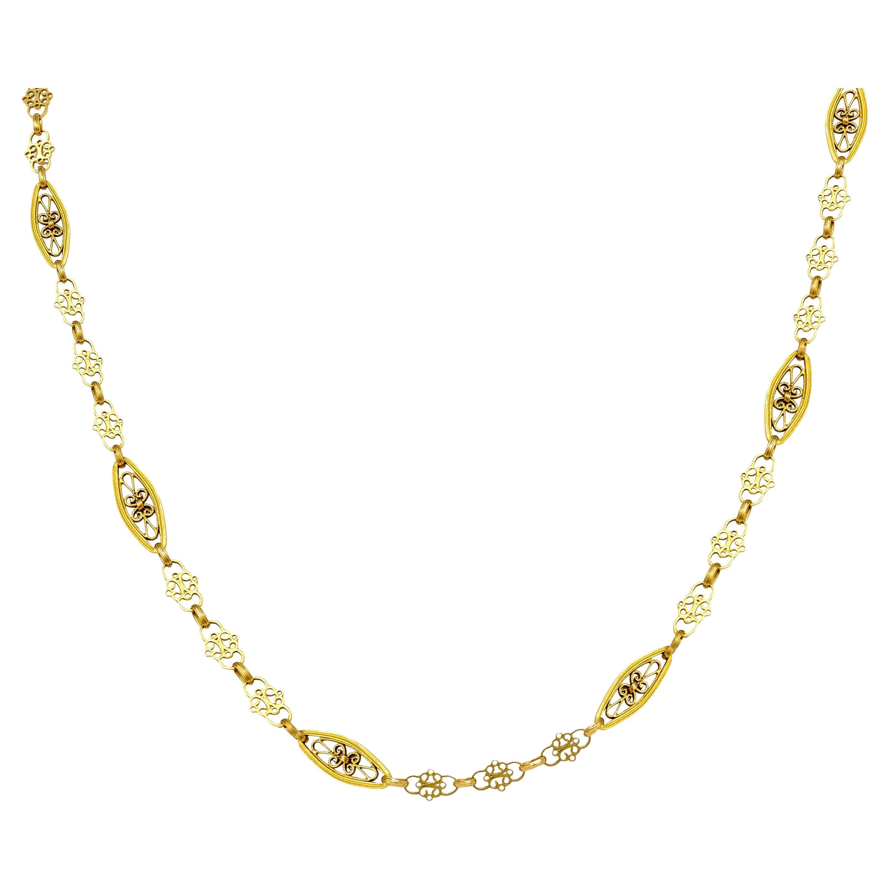 French Victorian 18 Karat Yellow Gold Heart Navette Link Antique Chain ...