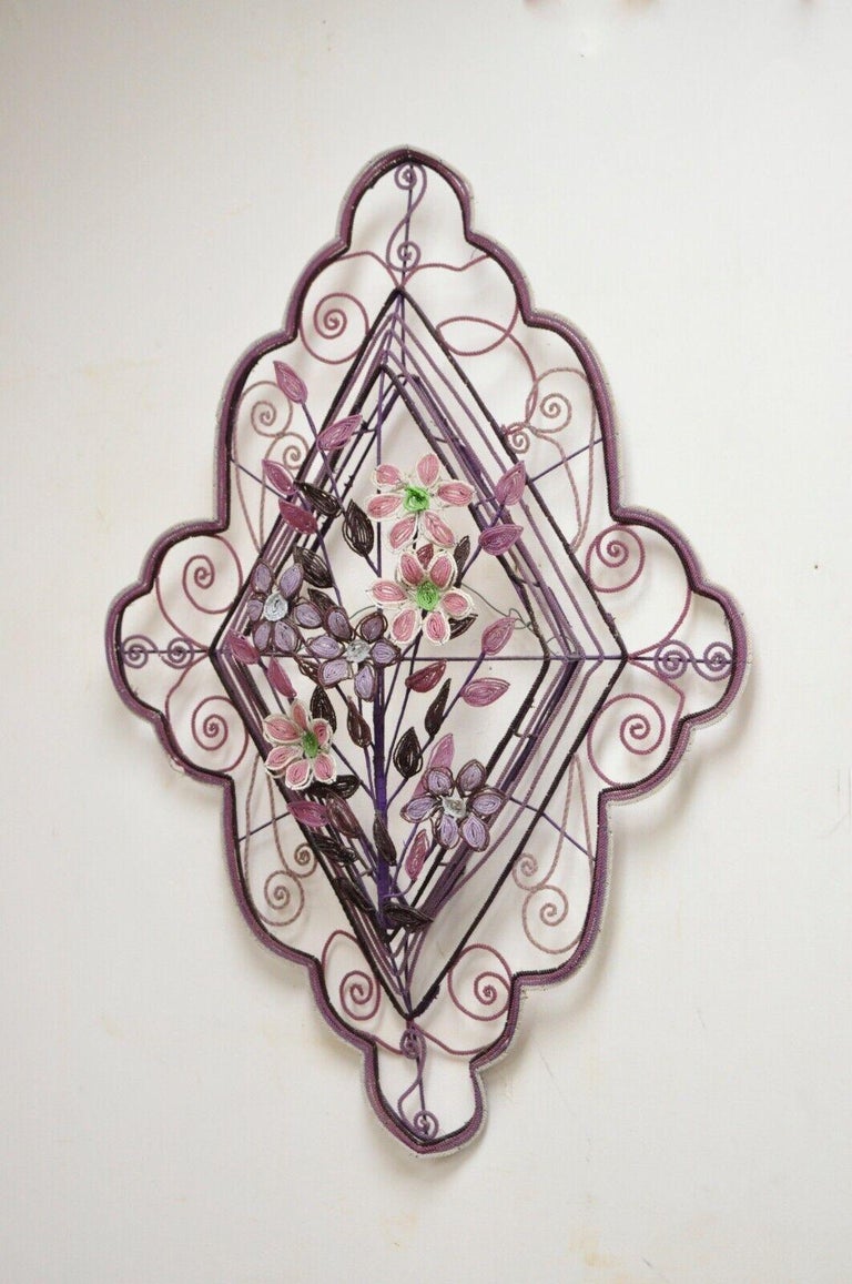 French Victorian Glass Beaded Purple Flower Casket Wreath Wall ...