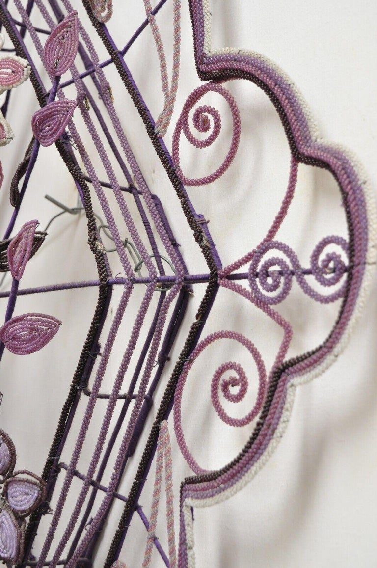 French Victorian Glass Beaded Purple Flower Casket Wreath Wall ...