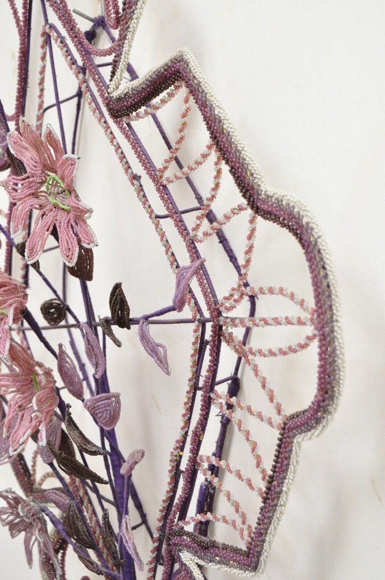 French Victorian Glass Beaded Purple Flower Casket Wreath Wall ...