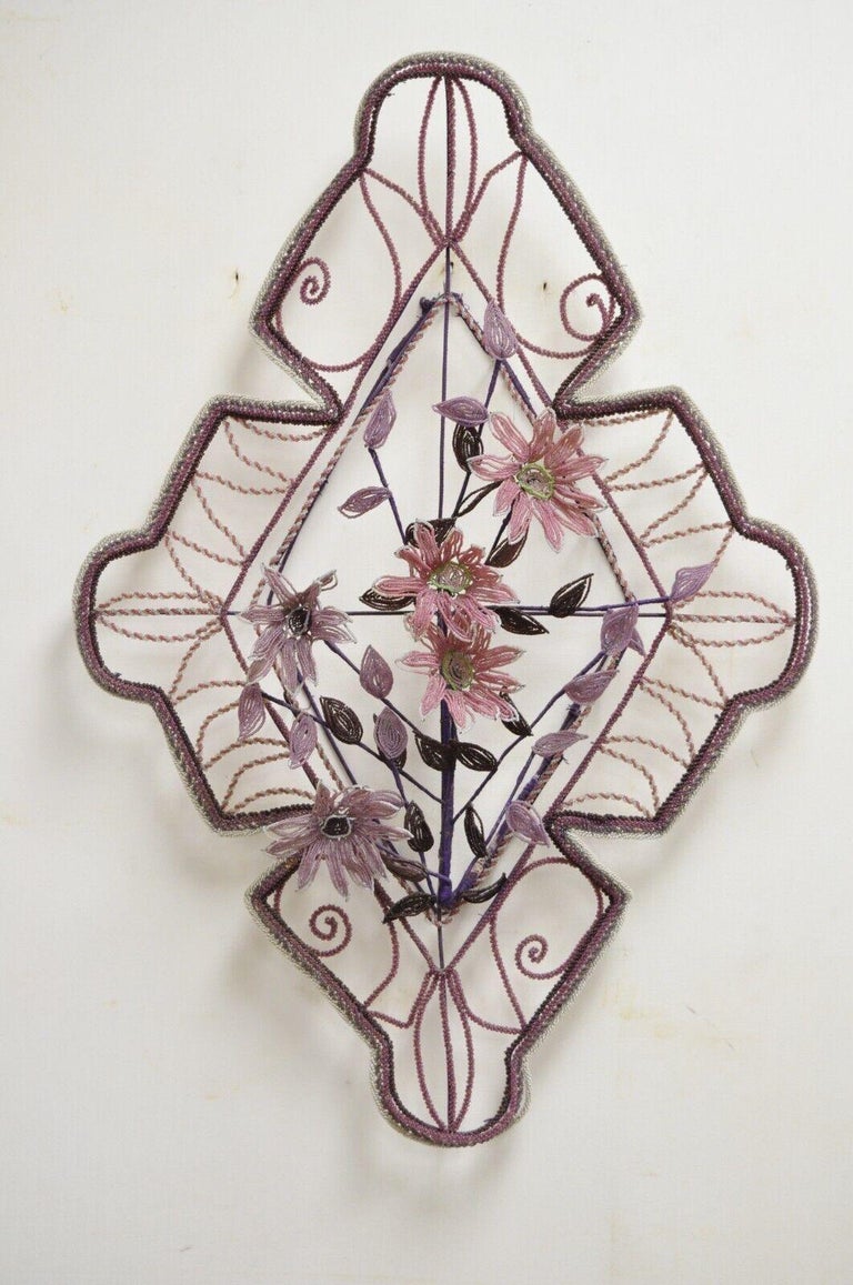 French Victorian Glass Beaded Purple Flower Casket Wreath Wall ...