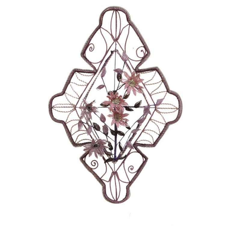 French Victorian Glass Beaded Purple Flower Casket Wreath Wall ...