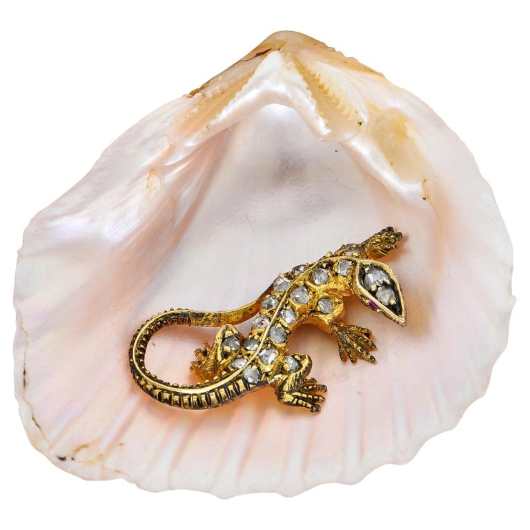 French Victorian Shell Rose Cut Diamond 18 Karat Gold Lizard Brooch at ...
