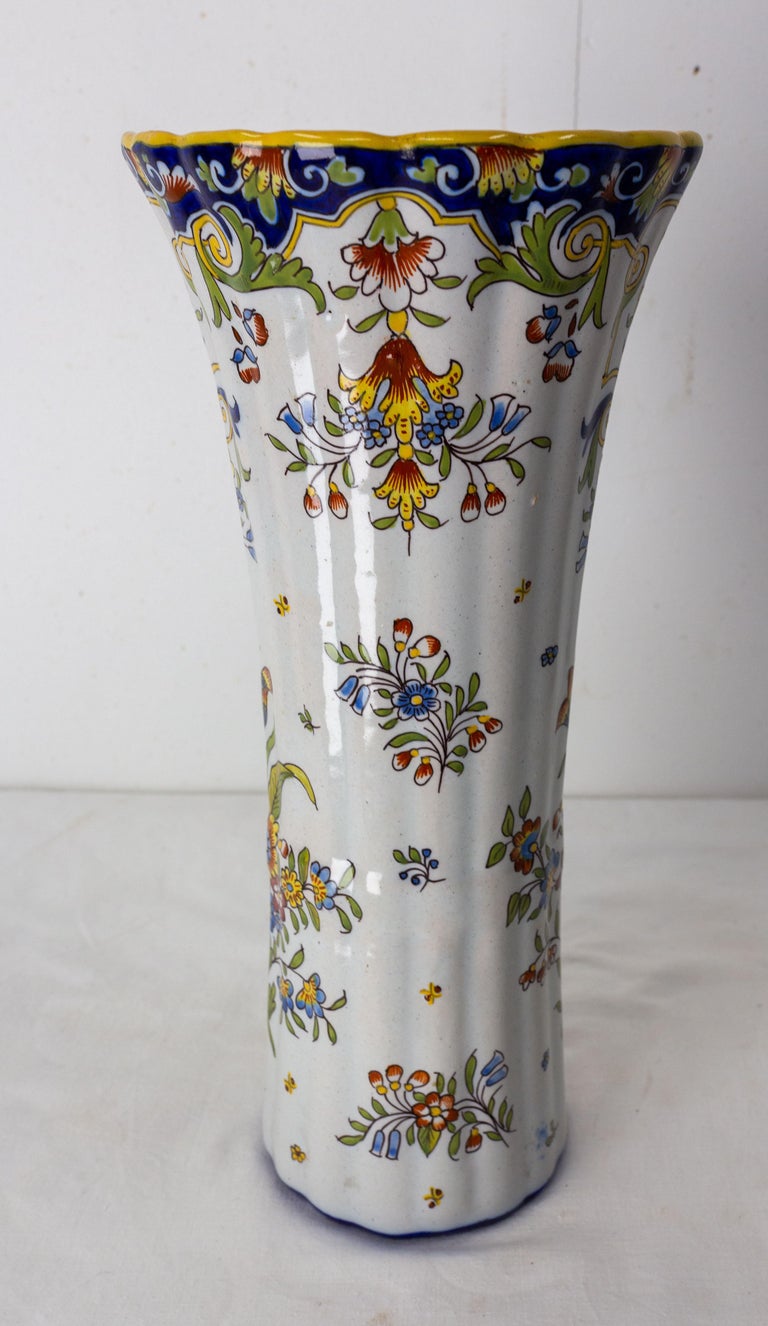 French Vieux Rouen Faience Vase with Vegetal Patterns Art Nouveau, c ...
