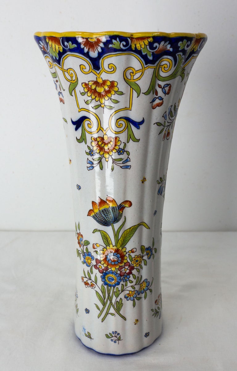 French Vieux Rouen Faience Vase with Vegetal Patterns Art Nouveau, c ...