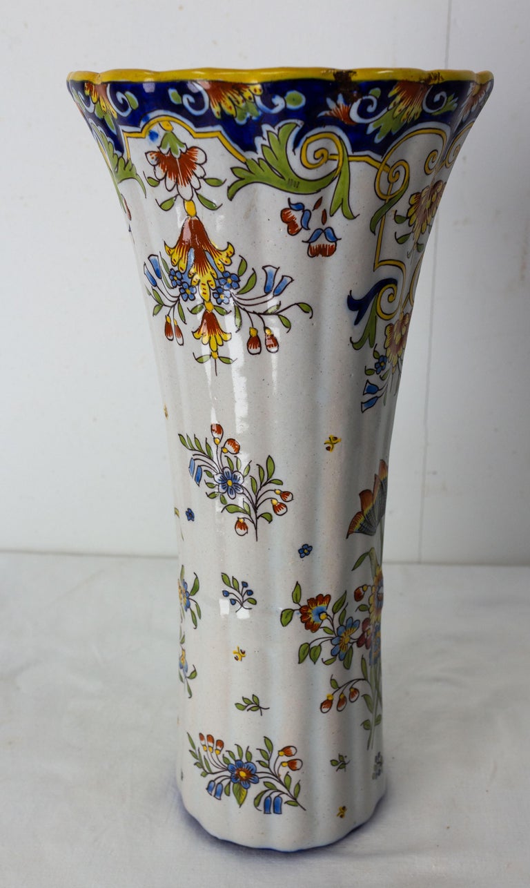 French Vieux Rouen Faience Vase with Vegetal Patterns Art Nouveau, c ...