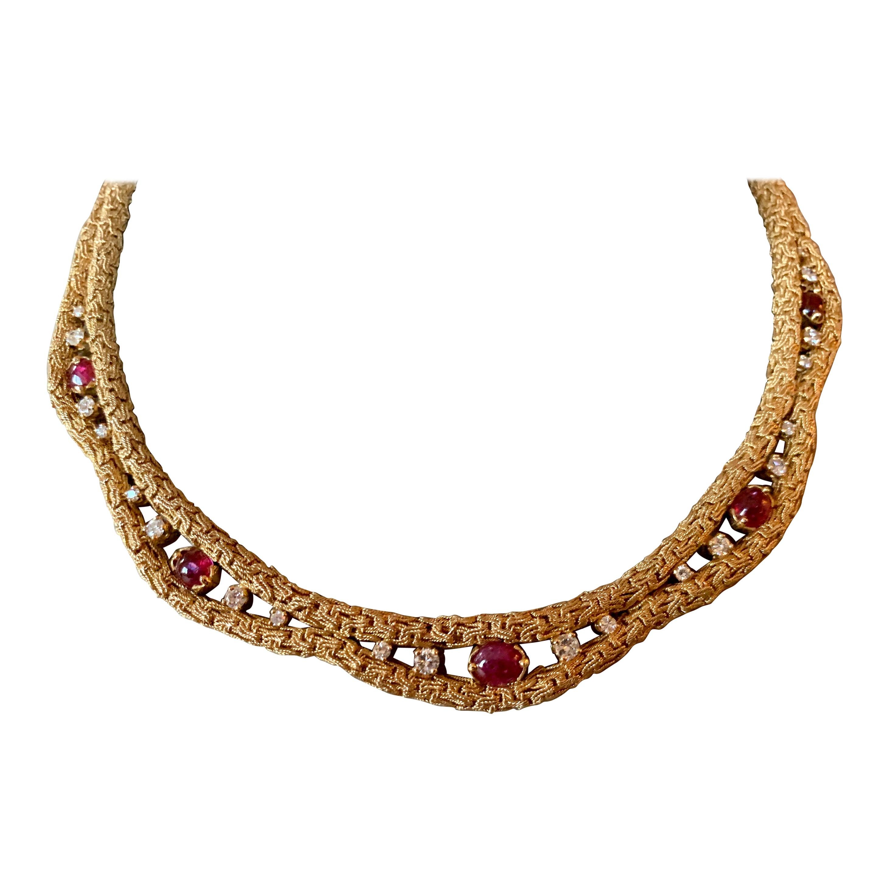 French Vintage 18 Karat Yellow Gold Ruby and Diamond Necklace at ...