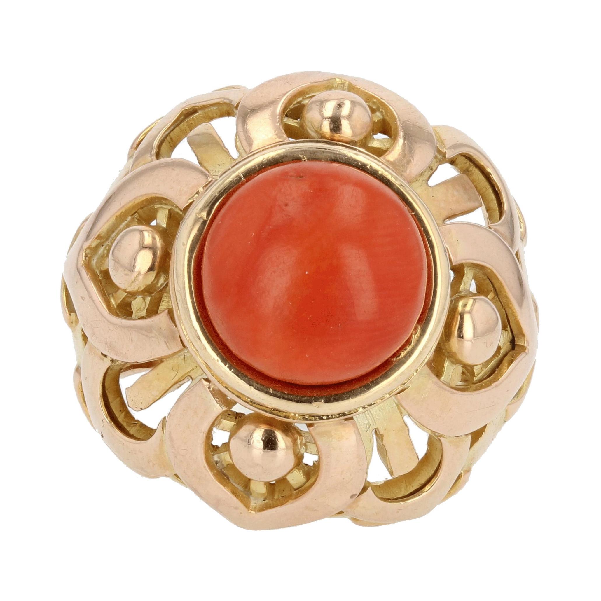 Large Natural Coral Gold Diamond Dome Ring For Sale at 1stDibs