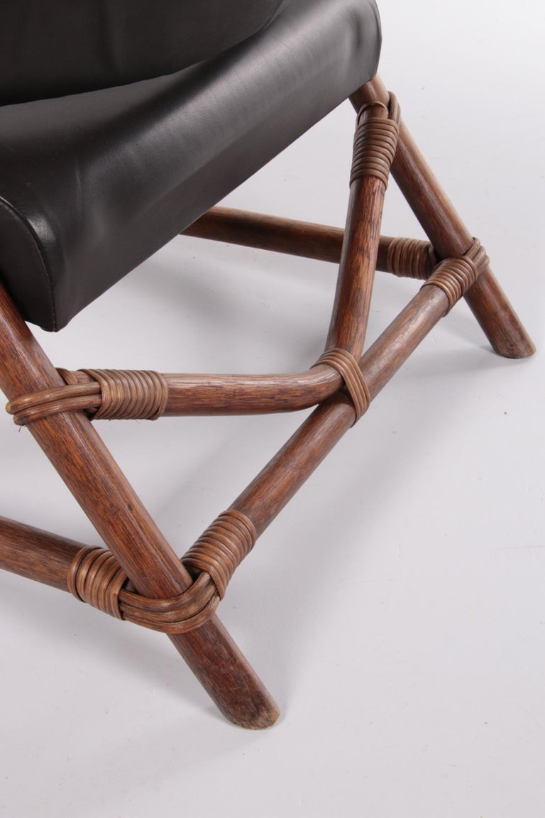 French Vintage Bamboo Lounge Set with Black Leather Seat, 1960s at 1stDibs