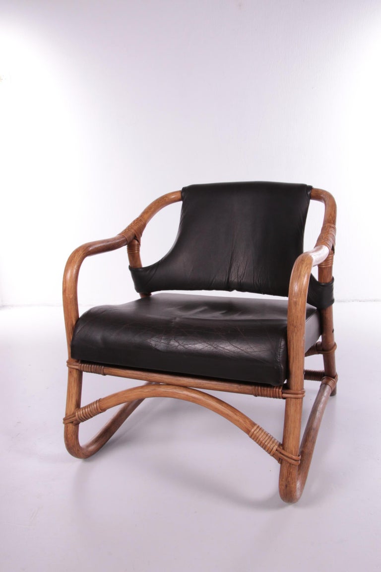 French Vintage Bamboo Lounge Set with Black Leather Seat, 1960s at 1stDibs