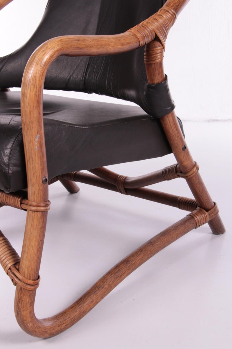 French Vintage Bamboo Lounge Set with Black Leather Seat, 1960s at 1stDibs