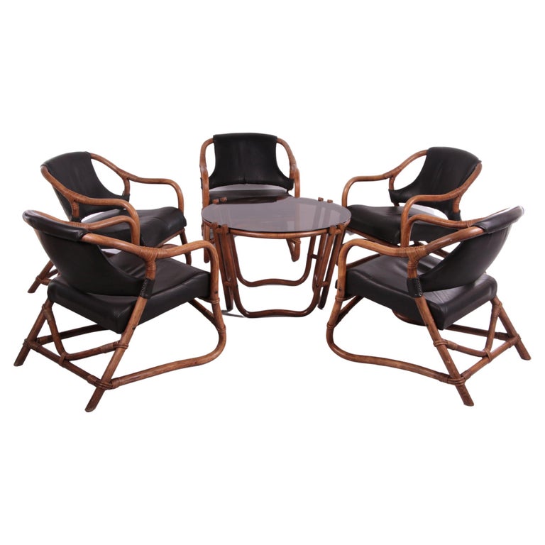 French Vintage Bamboo Lounge Set with Black Leather Seat, 1960s at 1stDibs
