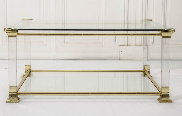 French Vintage Brass and Glass Square Coffee Table at 1stDibs
