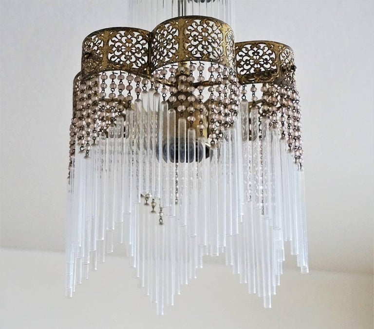 French Vintage Brass Three-Light Chandelier or Lantern, with Glass Rods ...