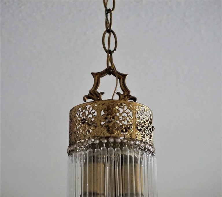 French Vintage Brass Three-Light Chandelier or Lantern, with Glass Rods ...