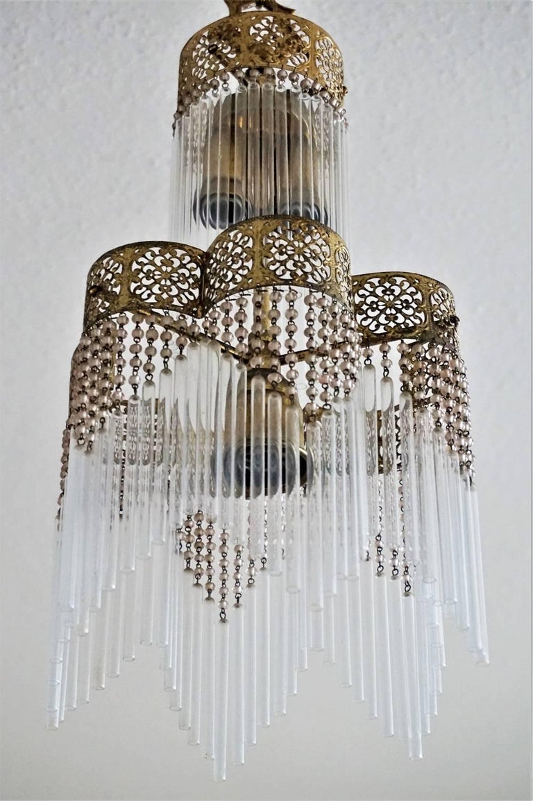 French Vintage Brass Three-Light Chandelier or Lantern, with Glass Rods ...