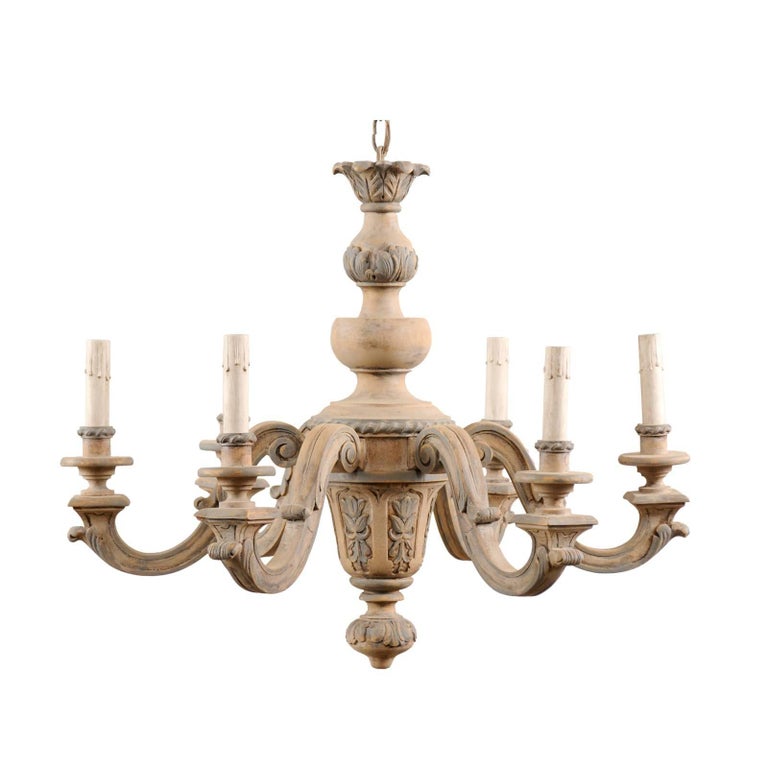 French Vintage Carved and Painted Wood Six-Light Chandelier in Light ...