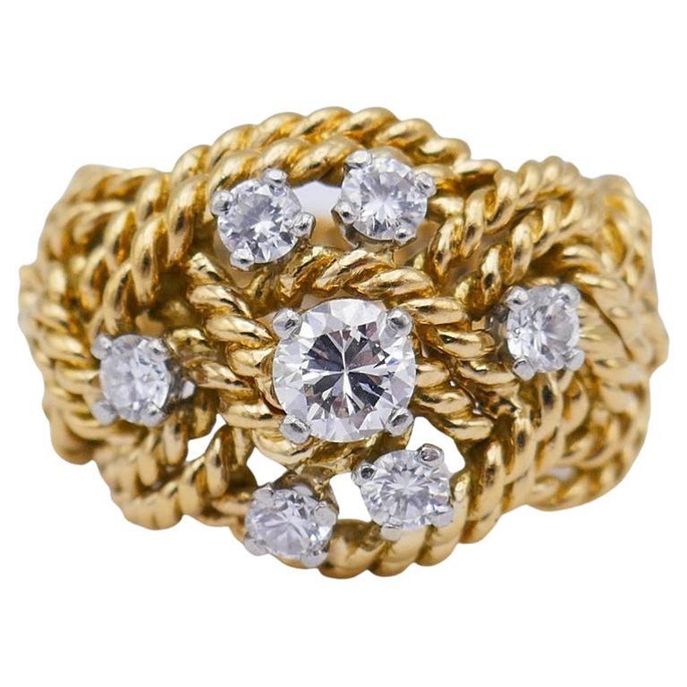 French Vintage Diamond Gold Braided Rope Ring at 1stDibs