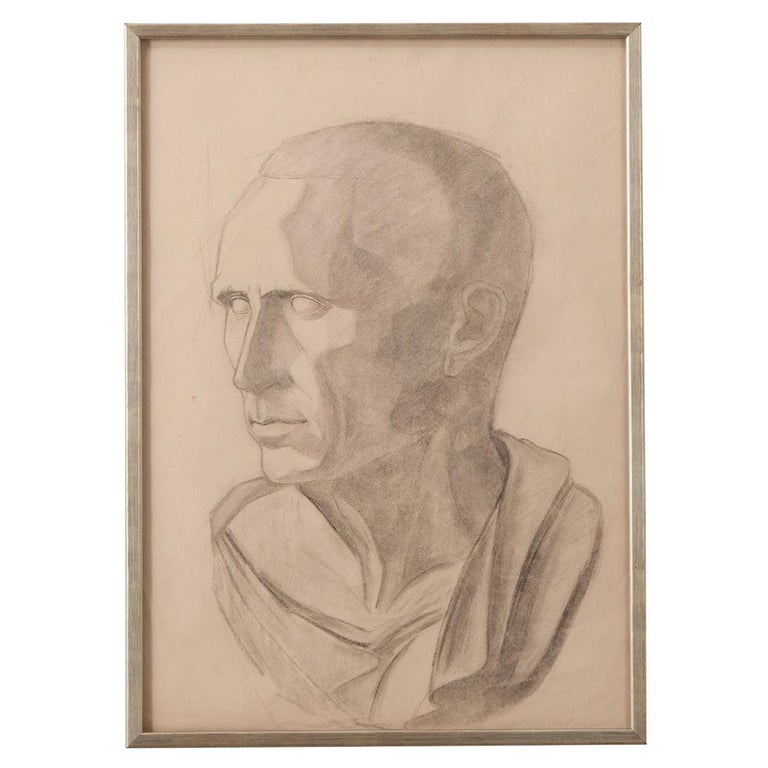 French Vintage Framed Charcoal Bust Sketch For Sale at 1stDibs