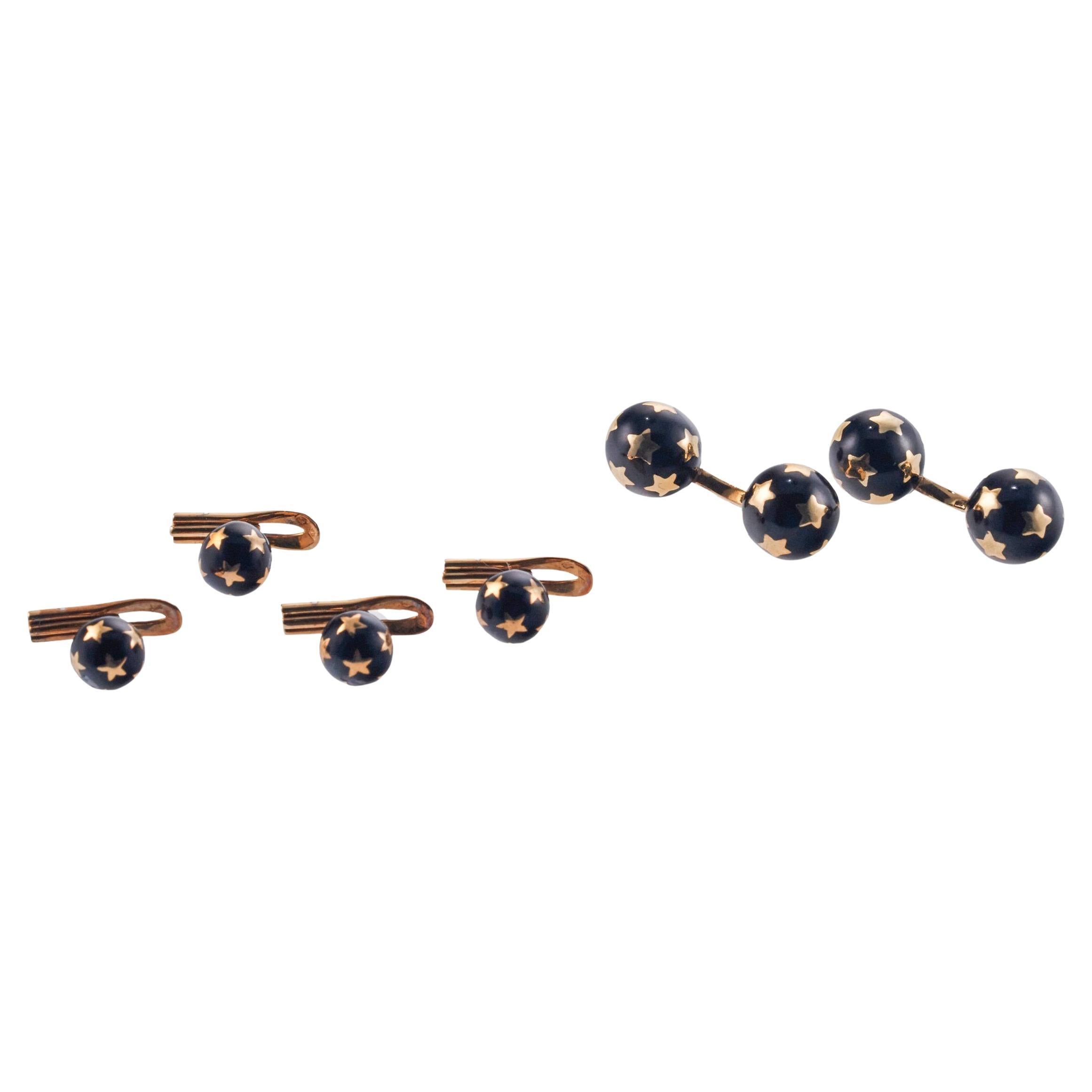 French Blue Enamel And Gold Stars Ball Cufflinks at 1stDibs