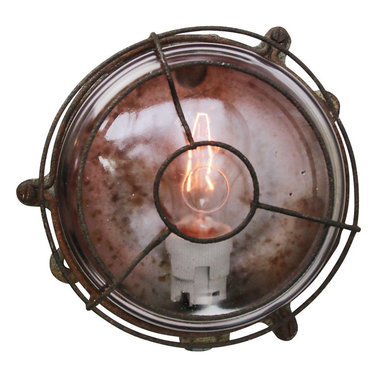 French Vintage Industrial Cast Iron Clear Glass Scone Wall Light For ...