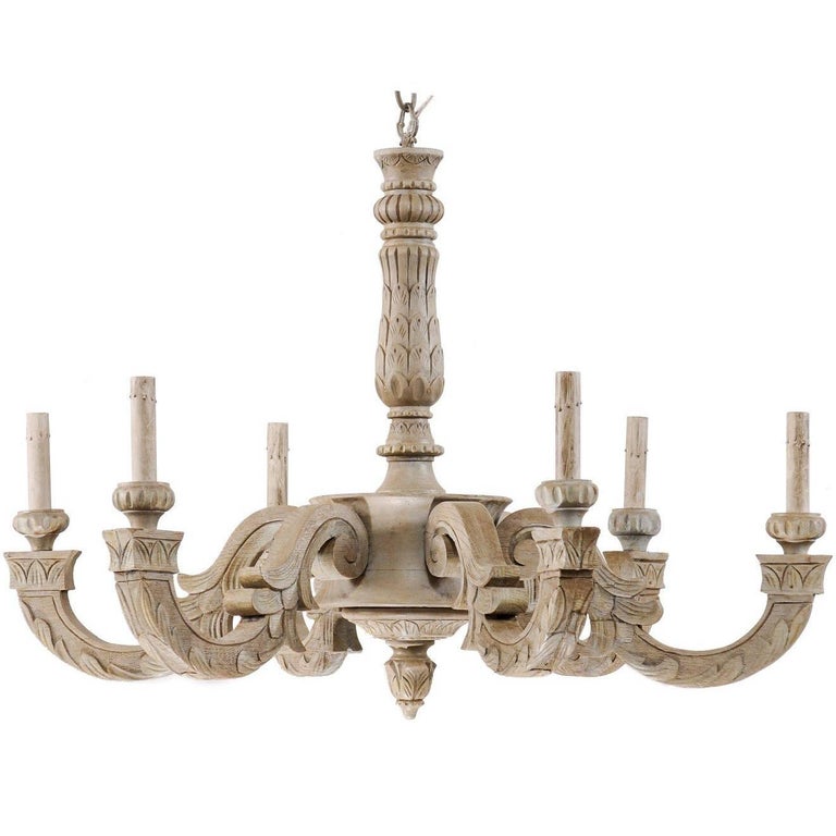 French Vintage Lovely Carved and Painted Wood Six-Light Chandelier in ...