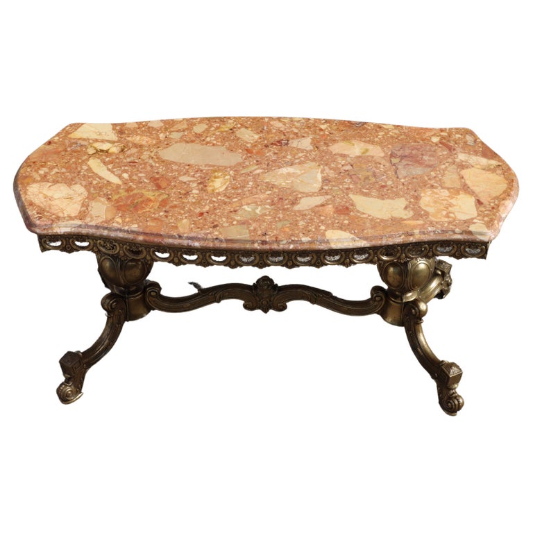 French Vintage Marble and Brass Coffee Table-Cocktail Table-Lounge ...
