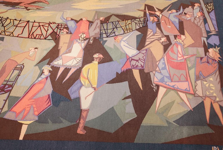 French Vintage Mid Century Horse Racing Tapestry. Size: 7 ft 2 in x 9 ...