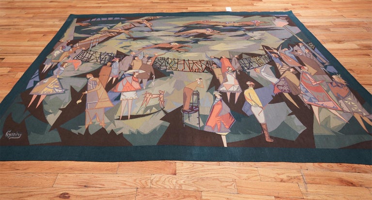 French Vintage Mid Century Horse Racing Tapestry. Size: 7 ft 2 in x 9 ...