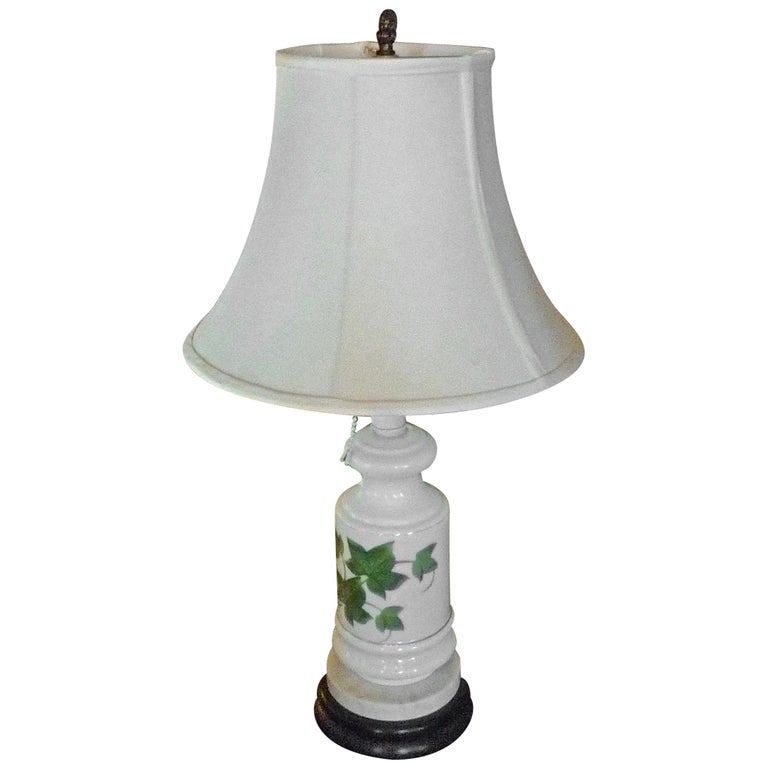 French Vintage Painted Milk Glass Table Lamp Mounted on a Wood and ...