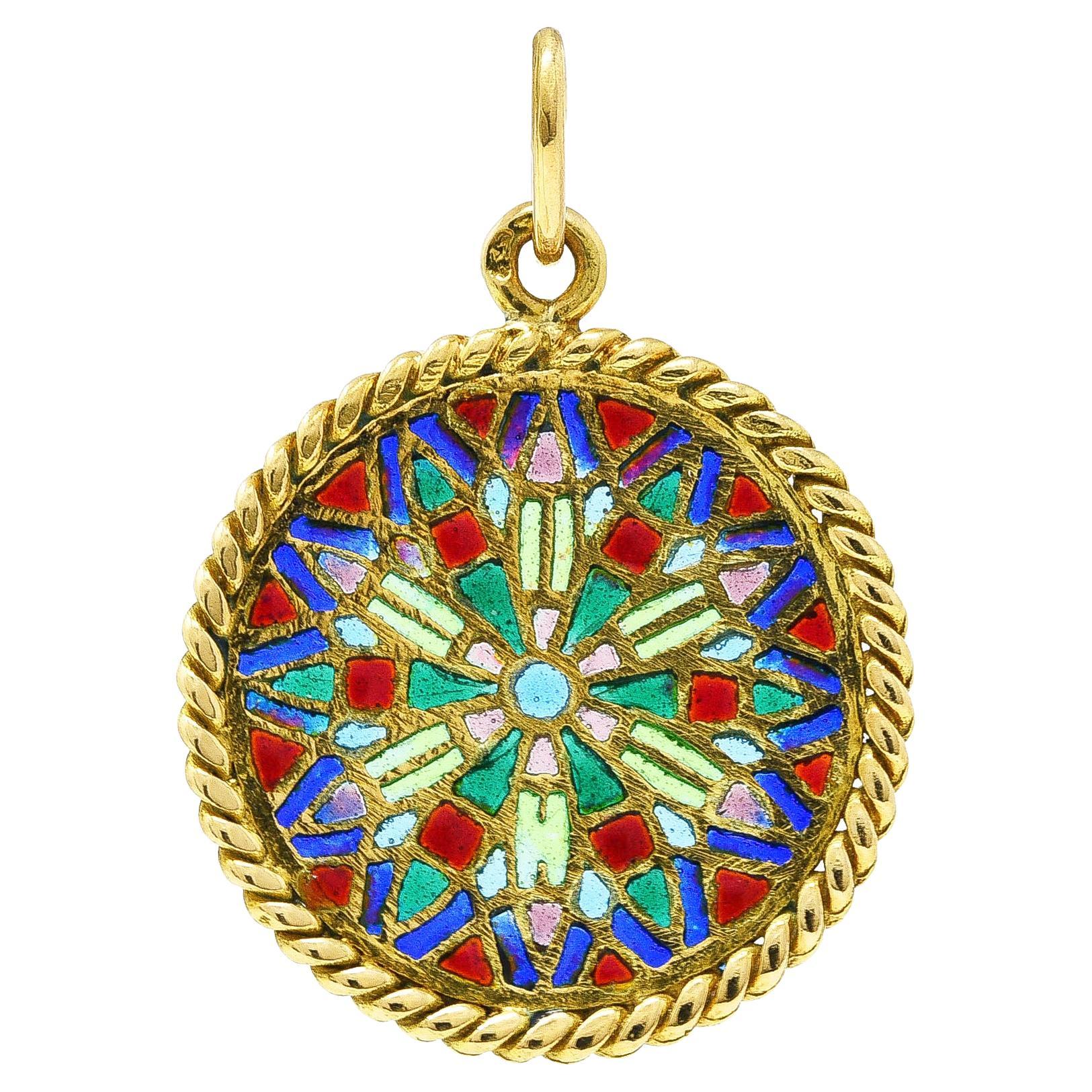 French Vintage Plique-A-Jour Enamel 18 Karat Yellow Gold Rose Window ...