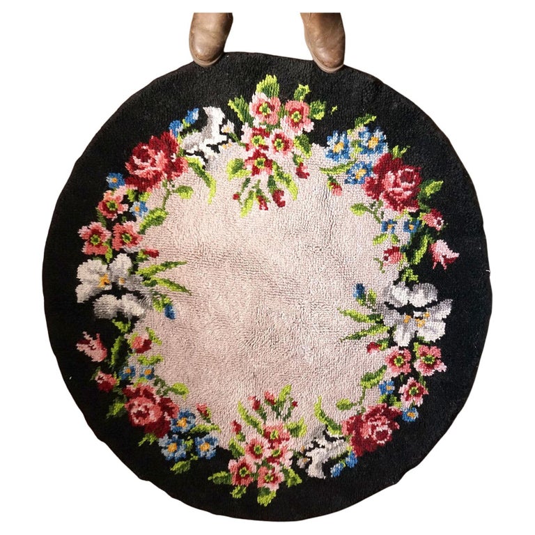 French Vintage Pure Wool Handmade Floral Latch Hook Rug, 1940s For Sale ...