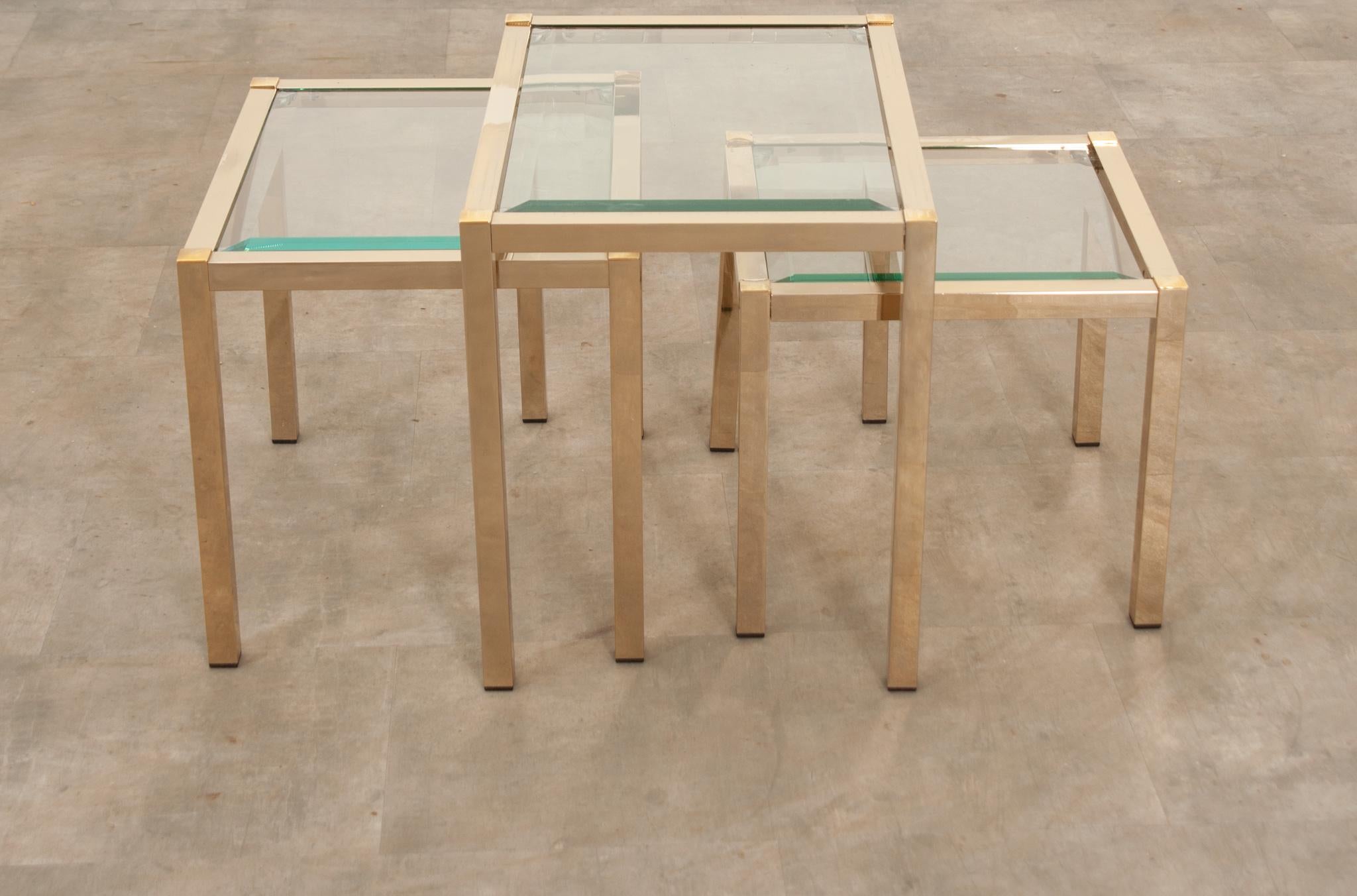 French Vintage Set of Brass and Glass Nesting Tables For Sale at 1stDibs