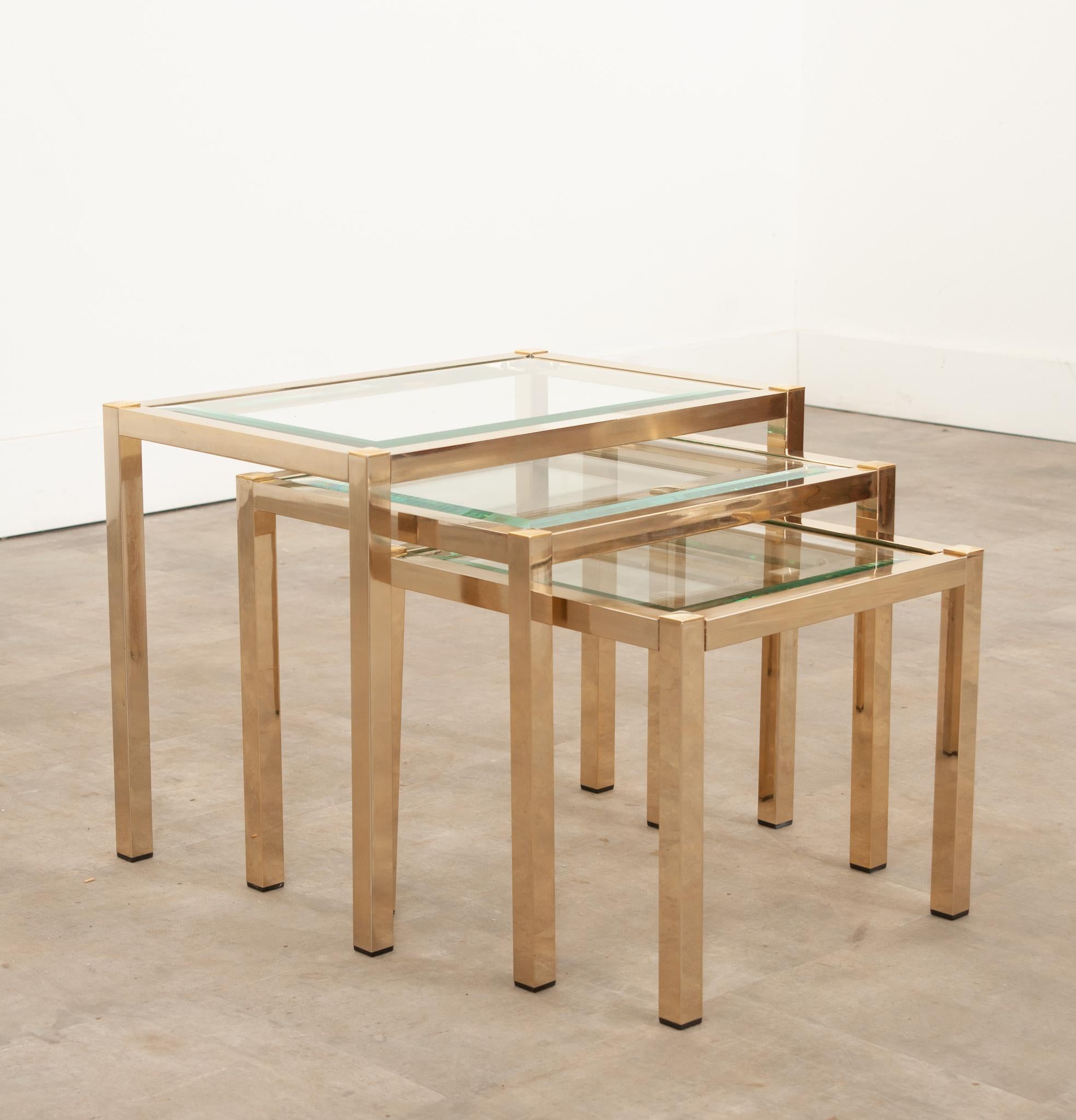 French Vintage Set of Brass and Glass Nesting Tables at 1stDibs