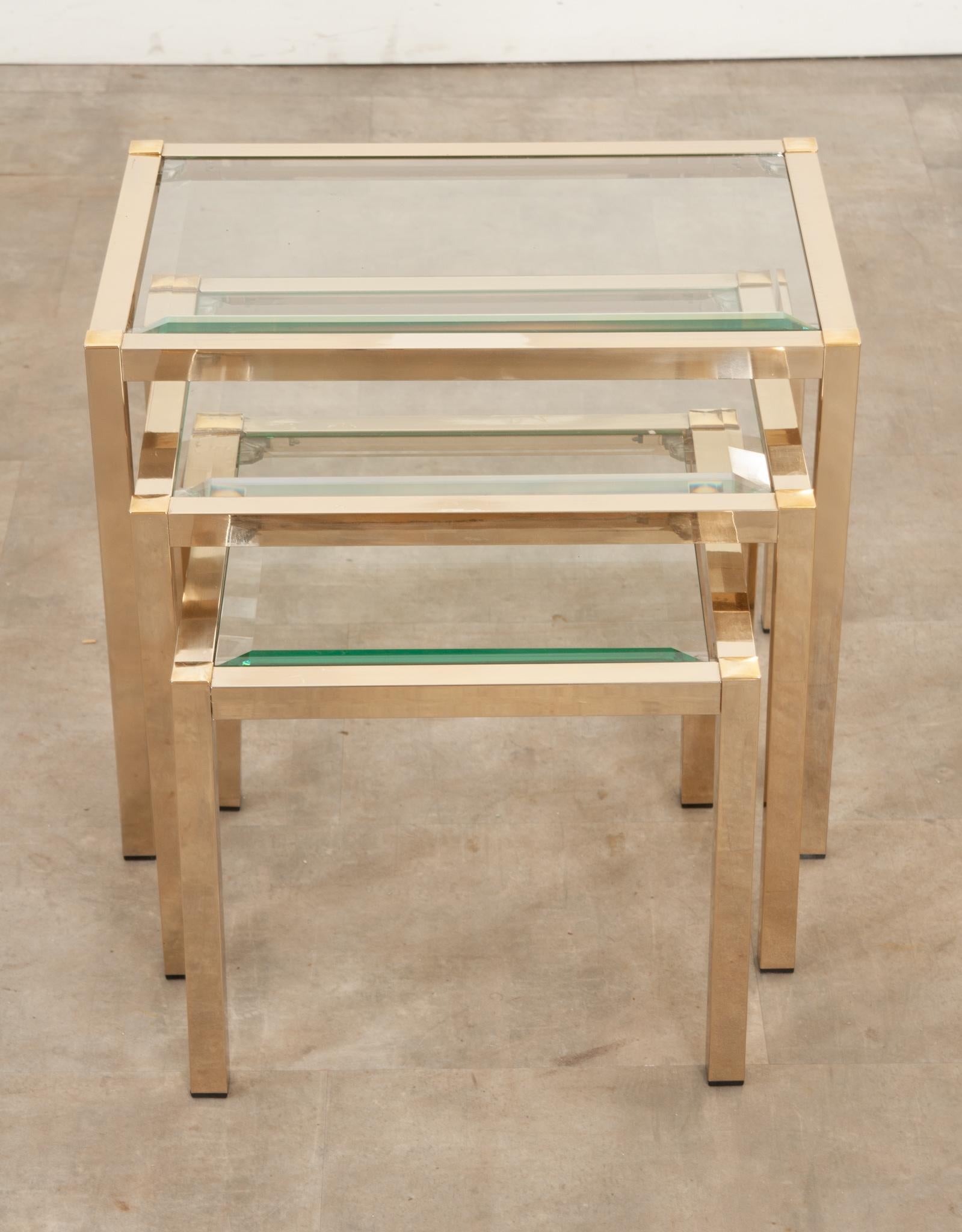 French Vintage Set of Brass and Glass Nesting Tables For Sale at 1stDibs