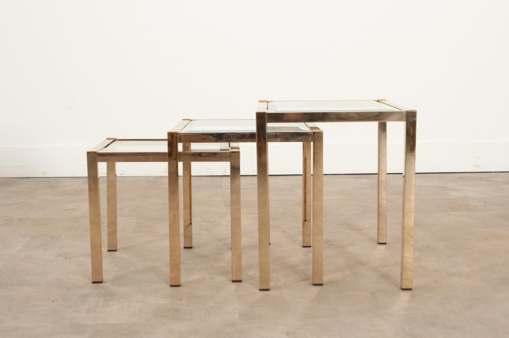French Vintage Set of Brass and Glass Nesting Tables For Sale at 1stDibs