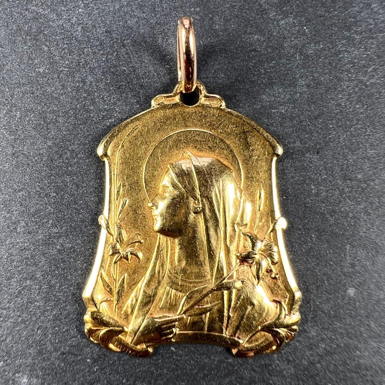 French Virgin Mary Lilies 18k Yellow Gold Medal Pendant For Sale at 1stDibs
