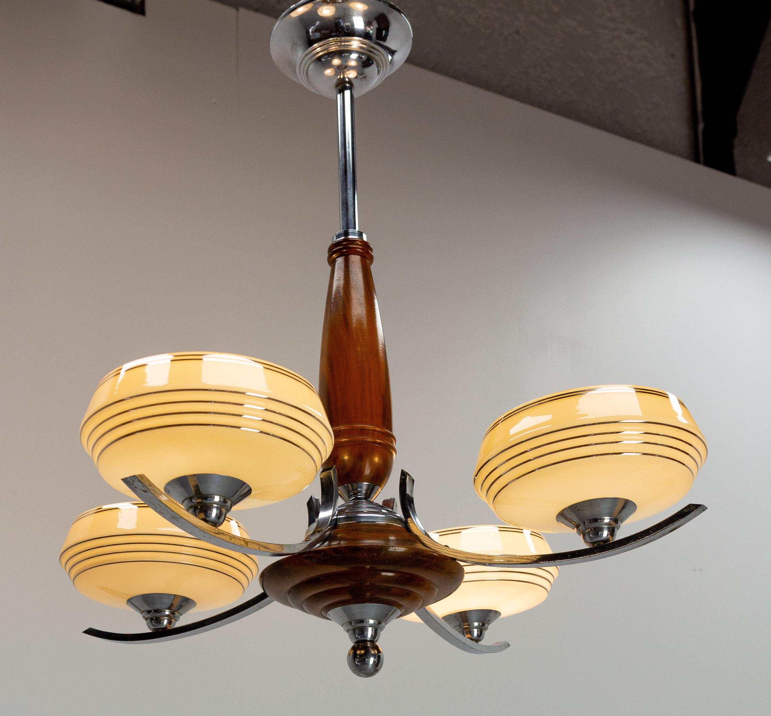 French Walnut, Chrome and Glass Ceiling Lustre Four Lamps, circa 1960 ...