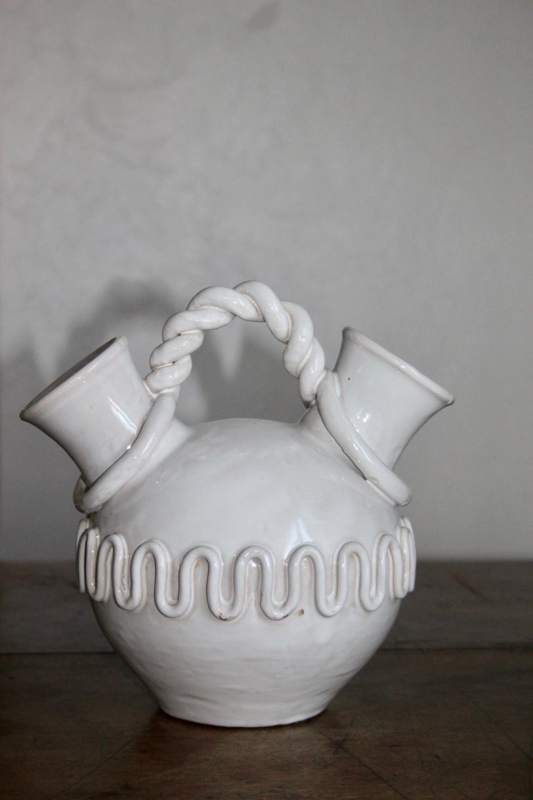 French White Mid-Century Signed Ceramic Vase For Sale at 1stDibs